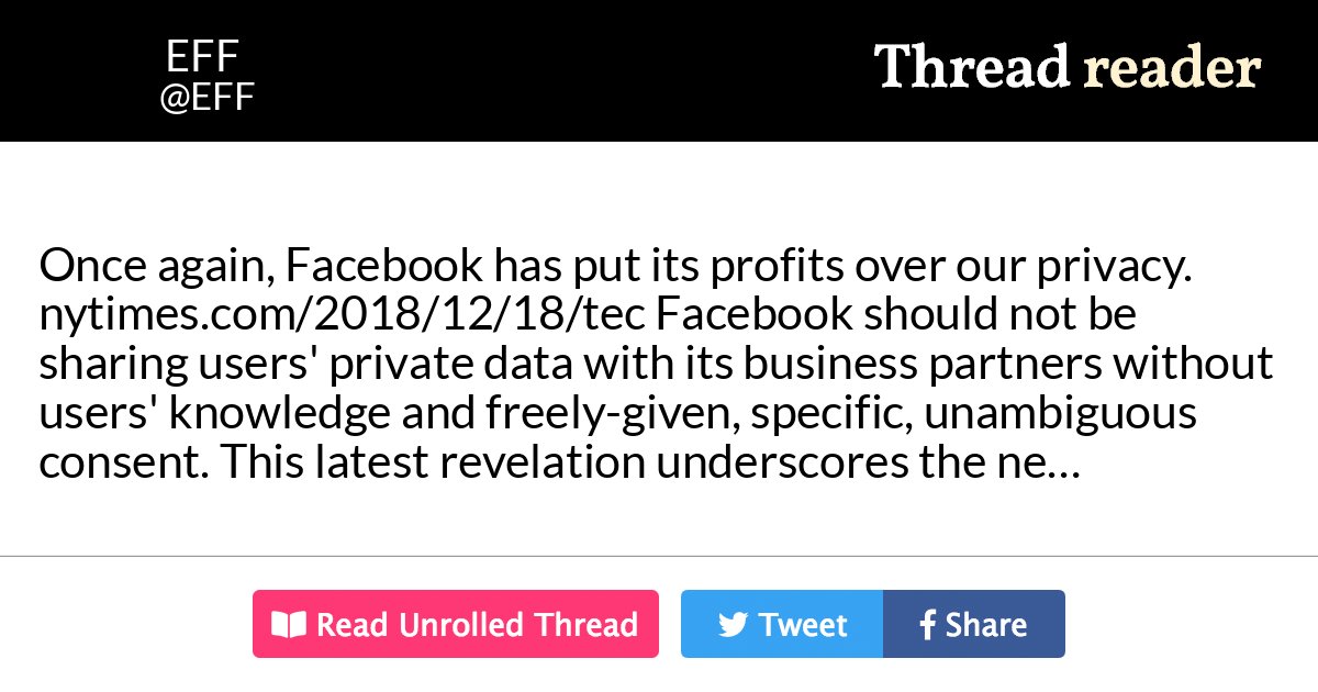 Thread by @EFF: "Once again, Facebook has put its profits over our ...