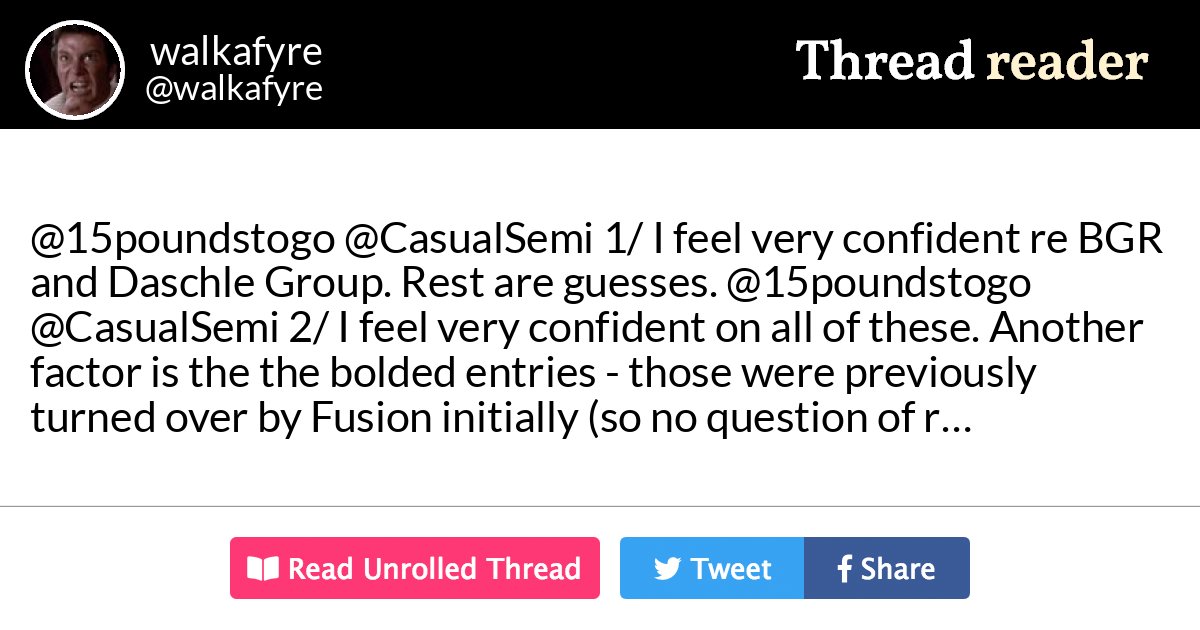 Thread by @walkafyre: @15poundstogo @CasualSemi 1/ I feel very confident re BGR and Daschle ...