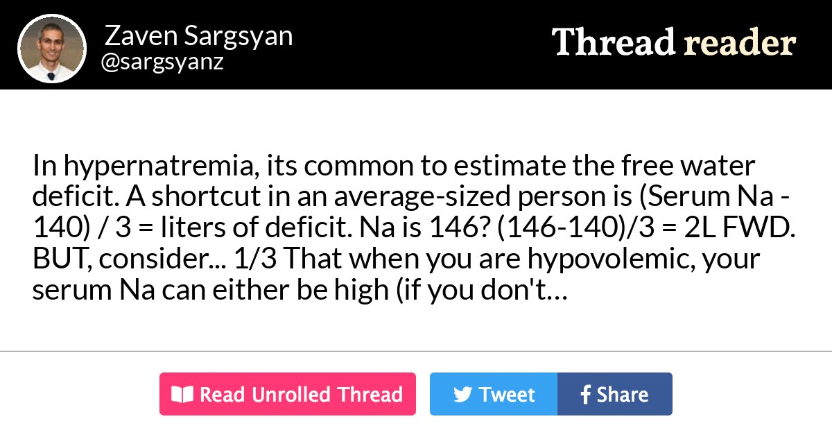 Thread by @sargsyanz: In hypernatremia, it’s common to estimate the ...