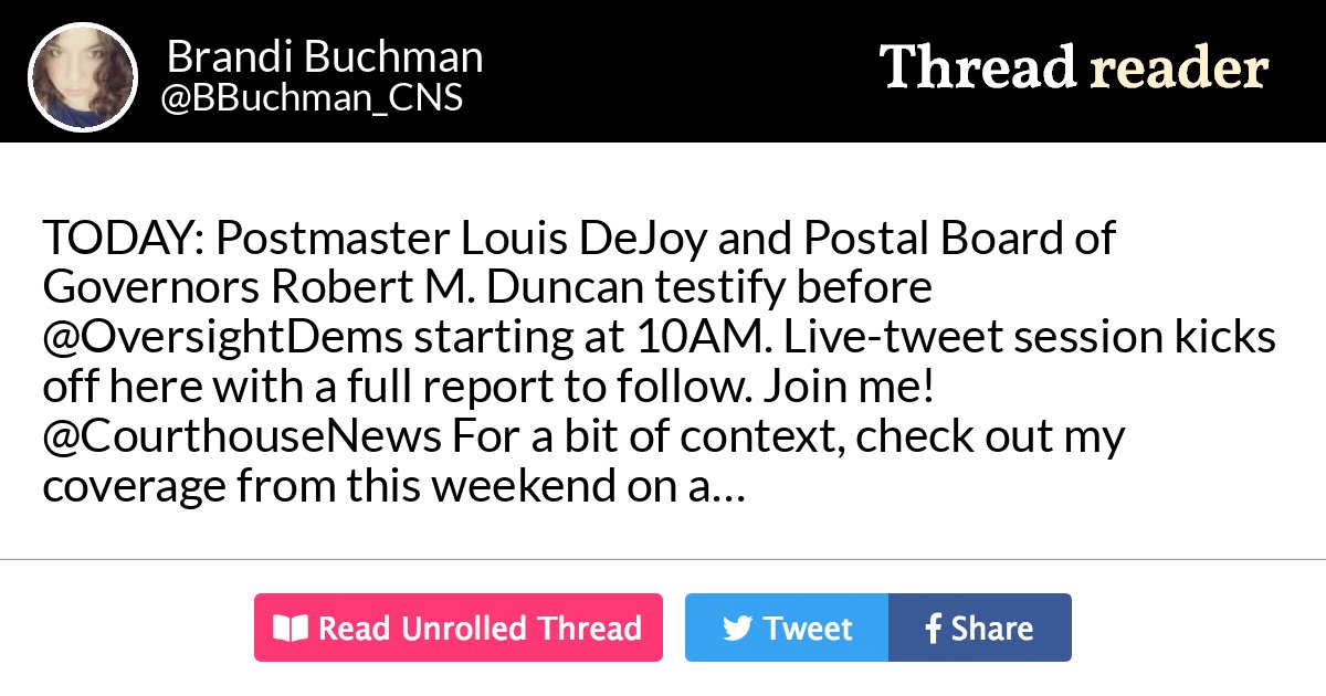 Thread by @BBuchman_CNS: TODAY: Postmaster Louis DeJoy and Postal Board ...